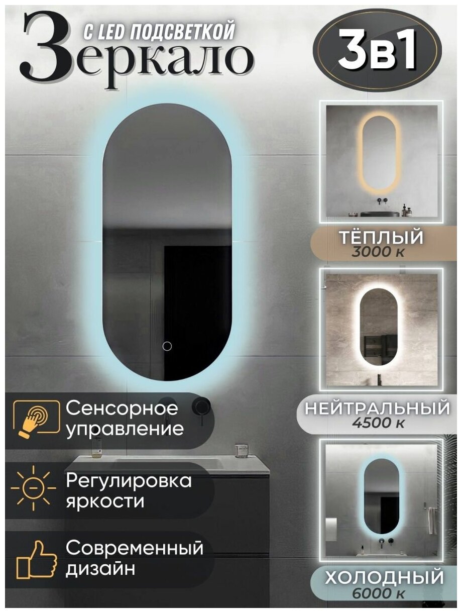 Зеркало с подсветкой Mirror Planet, настенное, овальной формы, 40x80 см