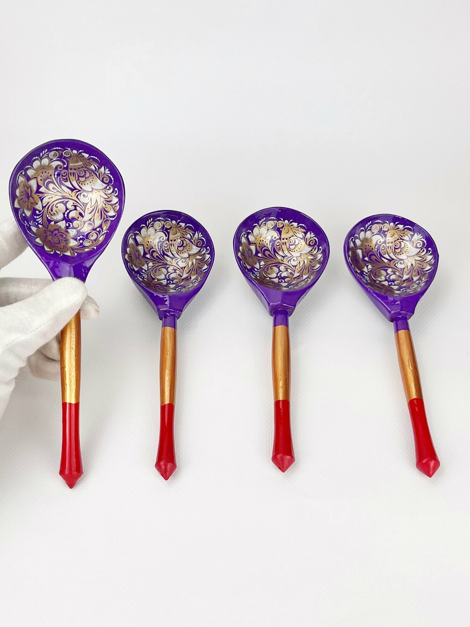 Ложки деревянные музыкальные, столовые, народные музыкальные инструменты, ручная авторская роспись, фиолетовые, 4 шт.