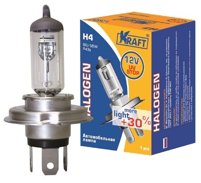 Лампа H4 12V 60/55W P43t (KRAFT) +30%