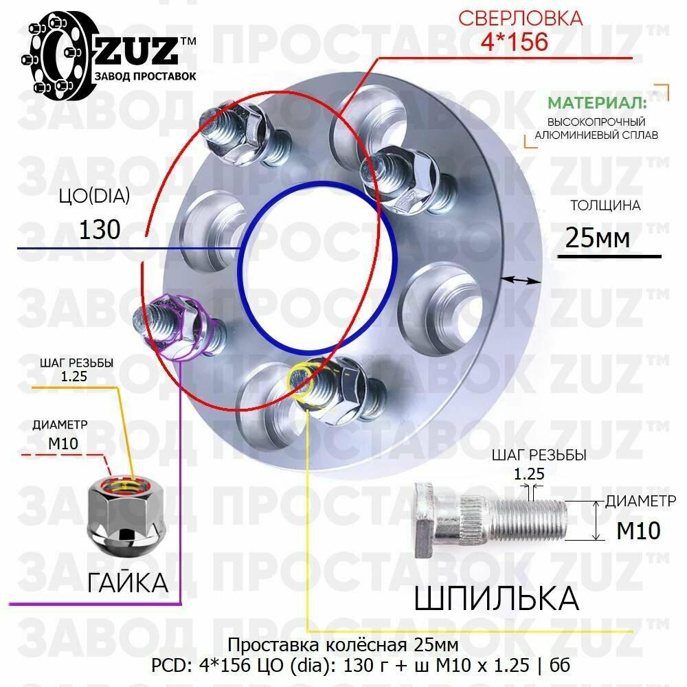 Проставка колёсная 1 шт 25мм 4*156 ЦО 130 Крепёж в комплекте Гайка + Шпилька М10*1,25 ступичная без бортика для дисков 1 шт на ступицу 4x156 4х156