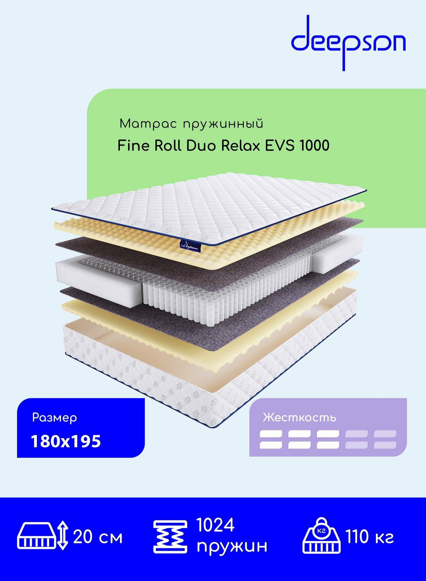 Матрас 180x195 ортопедический независимые пружины Deepson Fine Roll Duo Relax EVS 1000