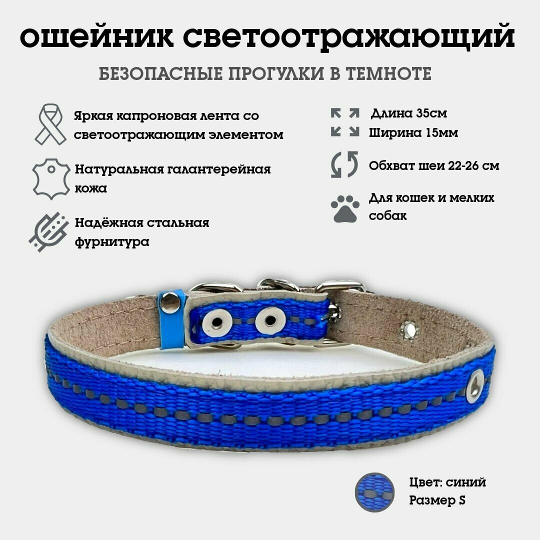 Ошейник для мелких собак и кошек, светоотражающий из натуральной кожи и капрона со светоотражающей полосой 35см