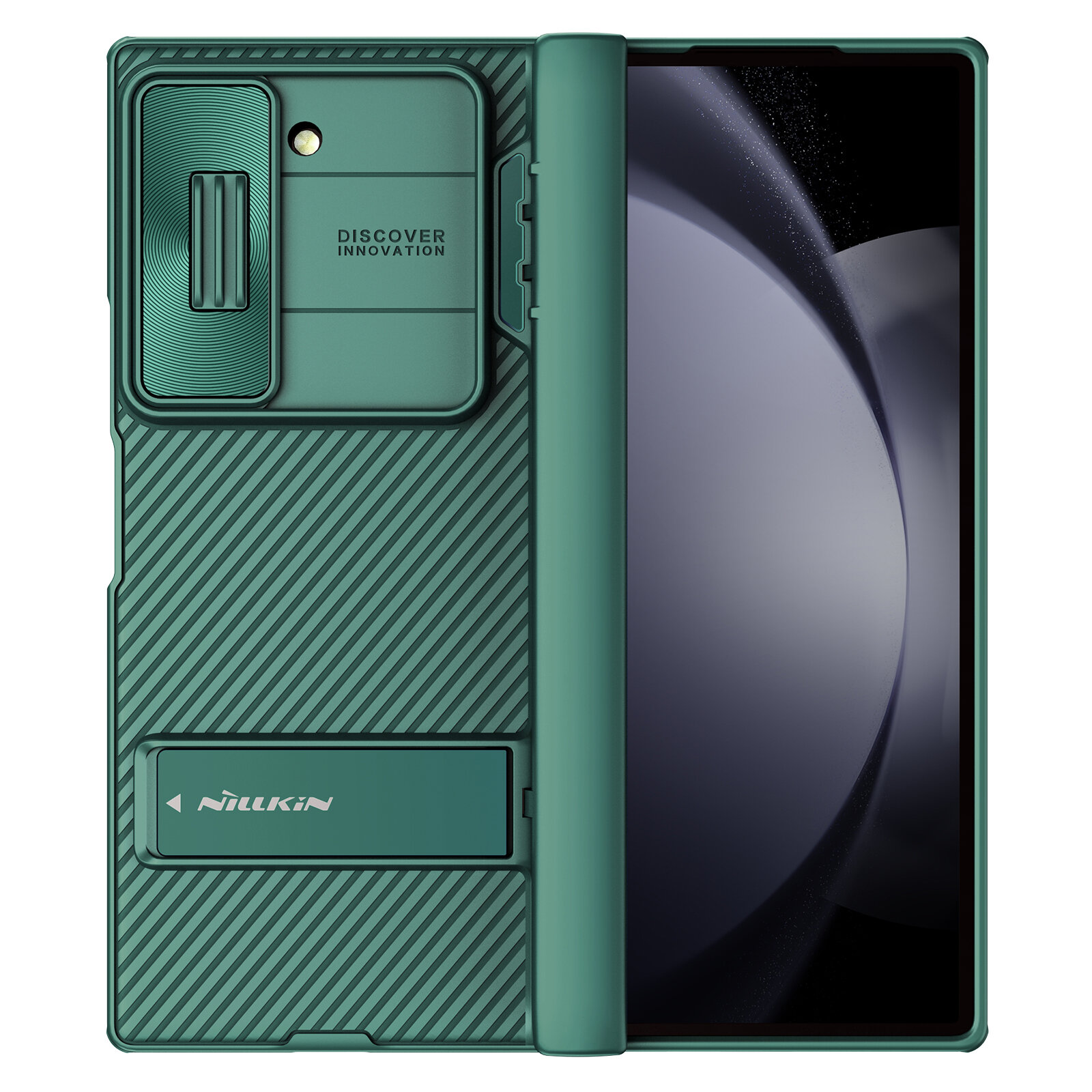 Усиленный чехол зеленого цвета (Dark Green) от Nillkin для Samsung Galaxy Z Fold 6 5G, серия CamShield Fold Case-Bracket Version (версия с подставкой)