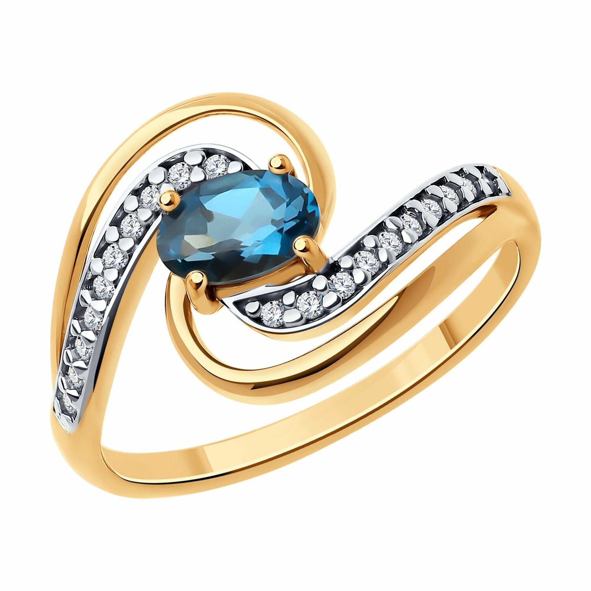 Кольцо, серебро, 925 проба, золочение, фианит, Лондон топаз