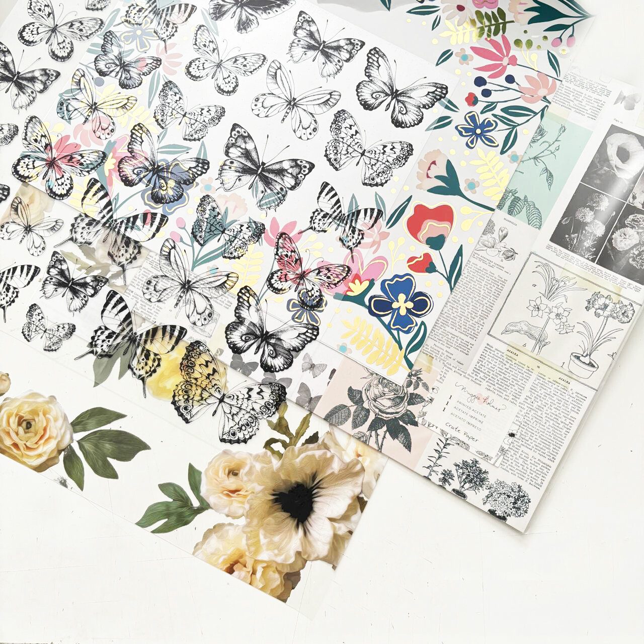 Набор Ацетатных листов с принтом, Цветы и Бабочки, размер 30х30 см, 4 листа