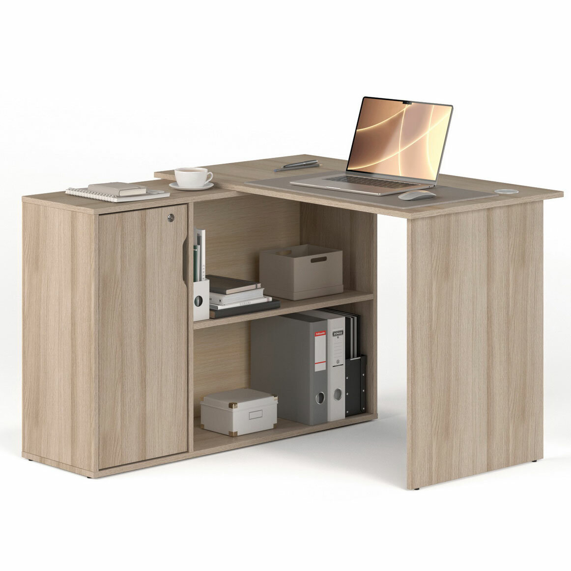 Письменный стол с поворотной тумбой с дверцей (тумба слева) МагМебель №91 ясень шимо светлый