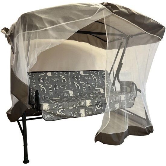 Качели садовые Garden Story 3-х местные Ирис с москитной сеткой(каркас серый, м/э серый рис. кошки)2 уп.