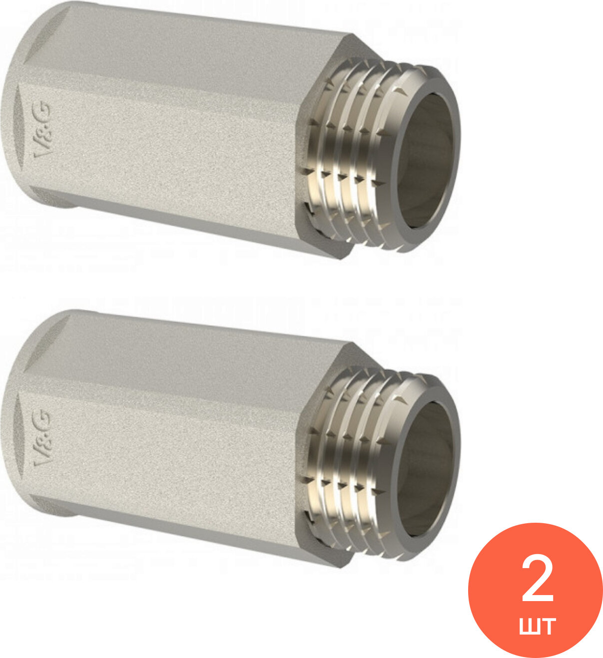 Удлинитель сантехнический V&G / В&Г никелированный, из латуни, внутренняя и наружная резьба 1/2дюйма, длина наращивания 40мм / фитинг (комплект из 2 шт)