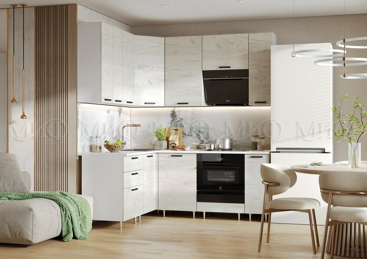 Кухня угловая Миф Рио NEW 1,6х2,0/900м (490) Компановка №2 (Дуб Крафт Белый, Белый (Антарес))