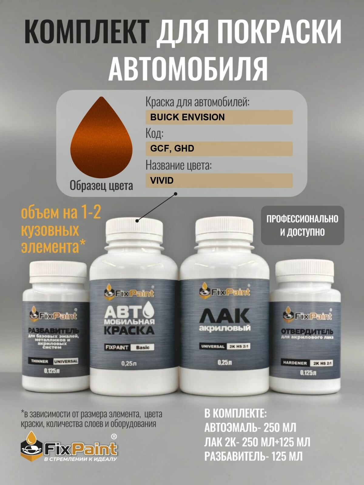 Комплект для покраски BUICK ENVISION, код GCF, GHD, VIVID, базовая автомобильная краска 250 мл, лак 2K 250 мл с отвердителем, разбавитель 125 мл, FixPaint Pro