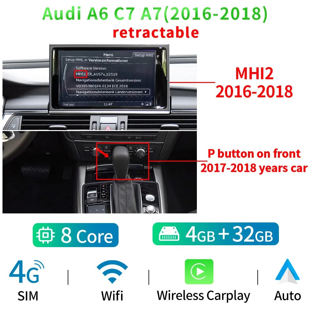 8-ядерная автомобильная мультимедийная стереосистема Android 14 для Audi A6 C7 A7 2012-2018 WIFI 4G 8 + 128 ГБ ОЗУ Carplay IPS Сенсорный экран GPS Navi MHI2 MTK 4-32GB