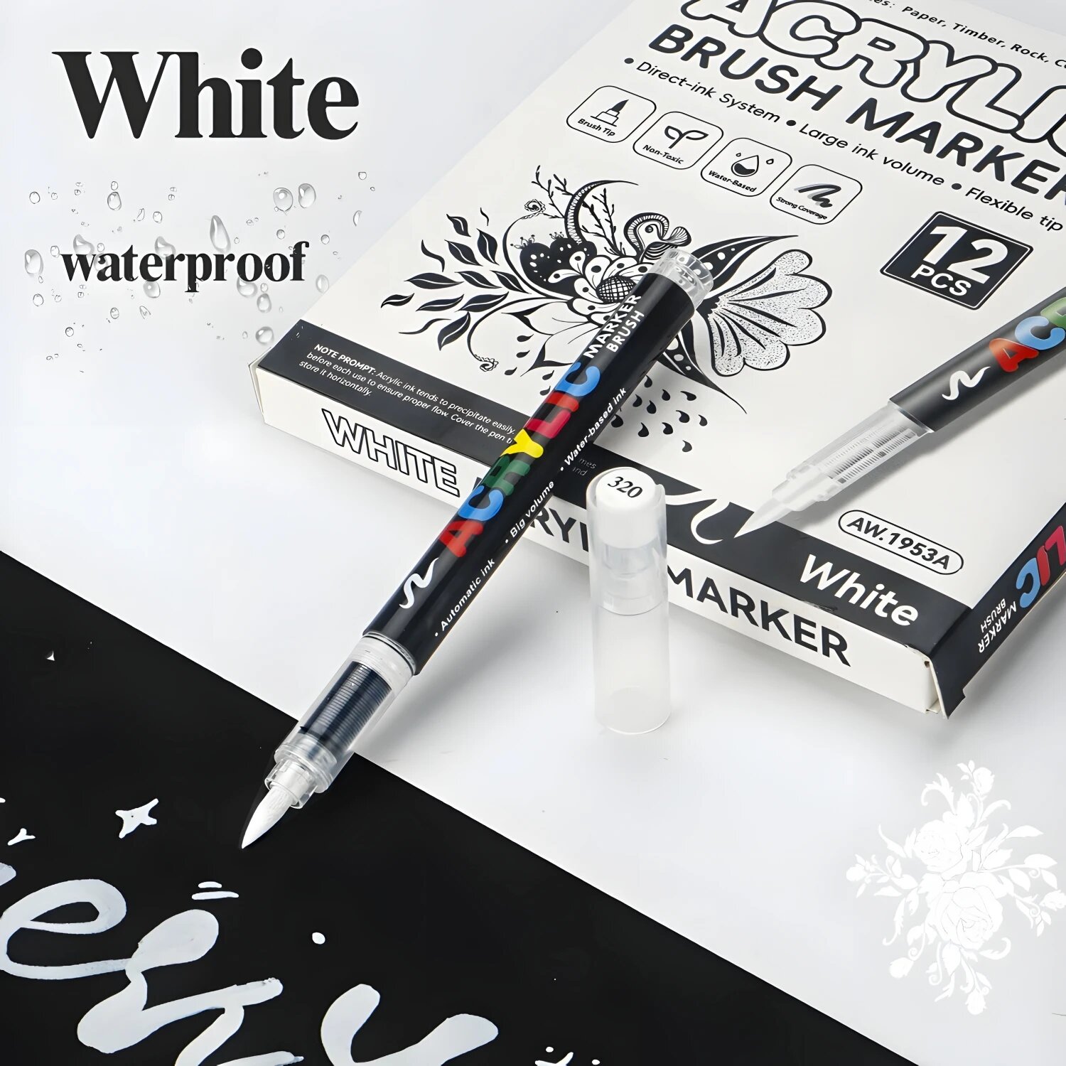 Маркеры акриловые белые Brush Marker 12 шт.