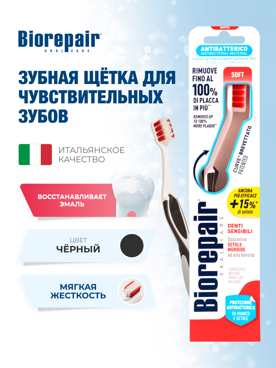 Зубная щетка Biorepair CURVE Denti Sensibili мягкая, для чувствительных зубов, черная