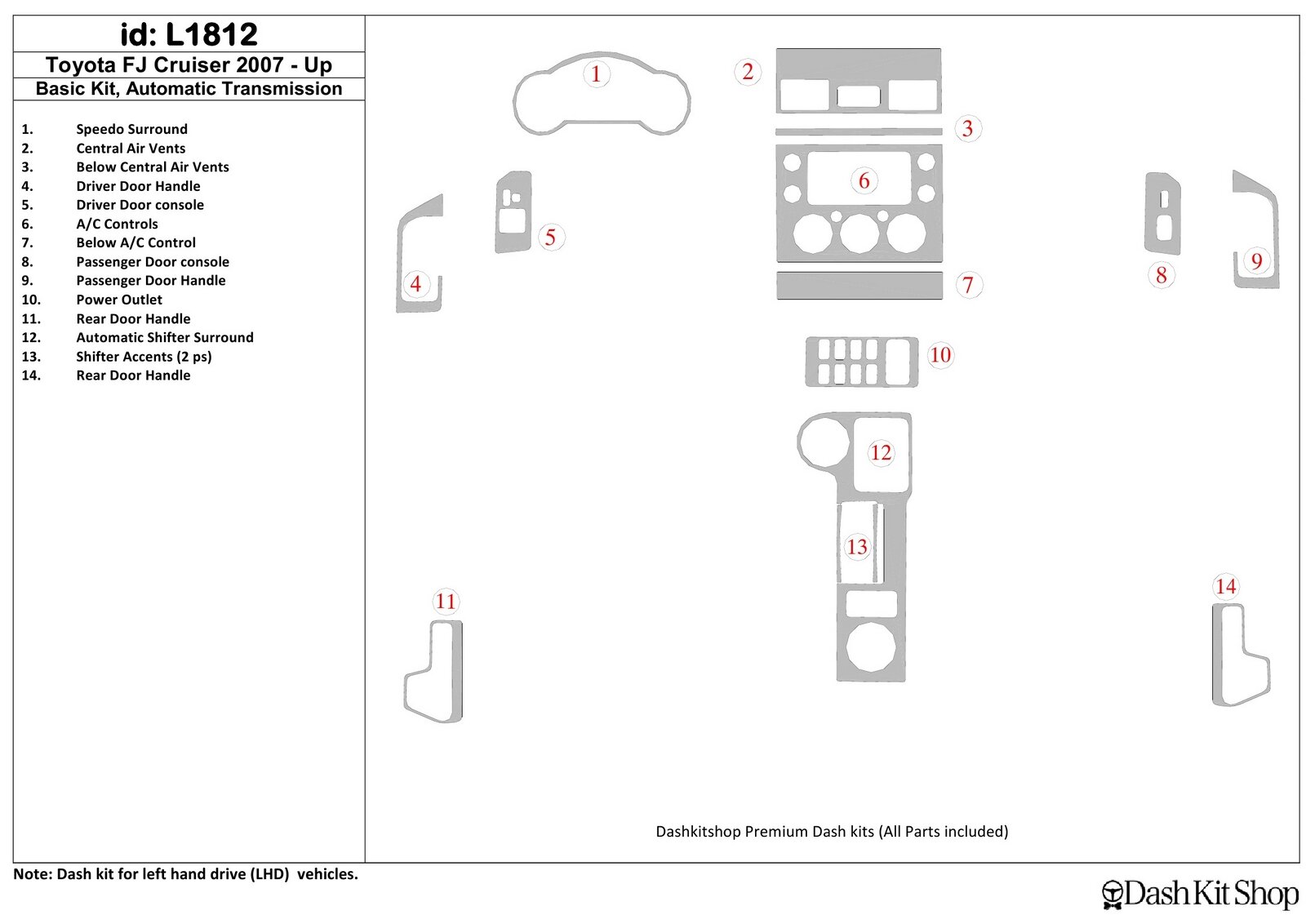 Накладки салона под дерево, карбон, алюминий для Toyota FJ Cruiser 2007-UP. Комплект L1812.