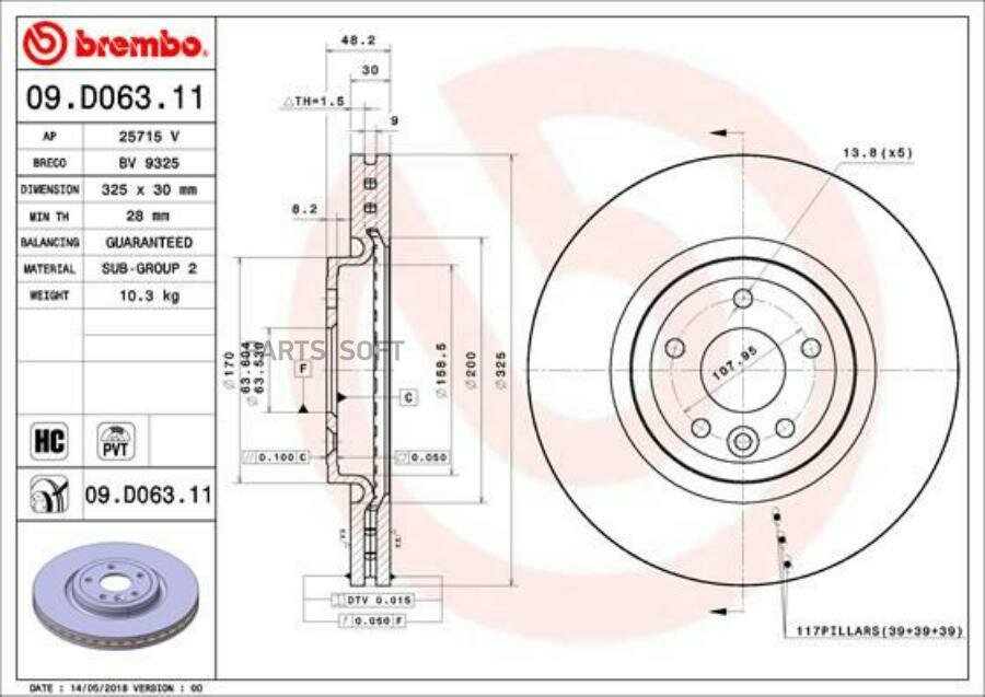BREMBO 09. D063.11 Диск тормозной передн. с УФ покрытием JAGUAR XE (X760) 03/15-> / JAGUAR XF II (X260) 05/15-> / JAGUA ()