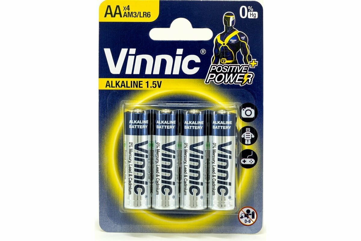 VINNIC алкалиновые щелочные батарейки LR6 (AA) 1.5В бл/4 4898338005998
