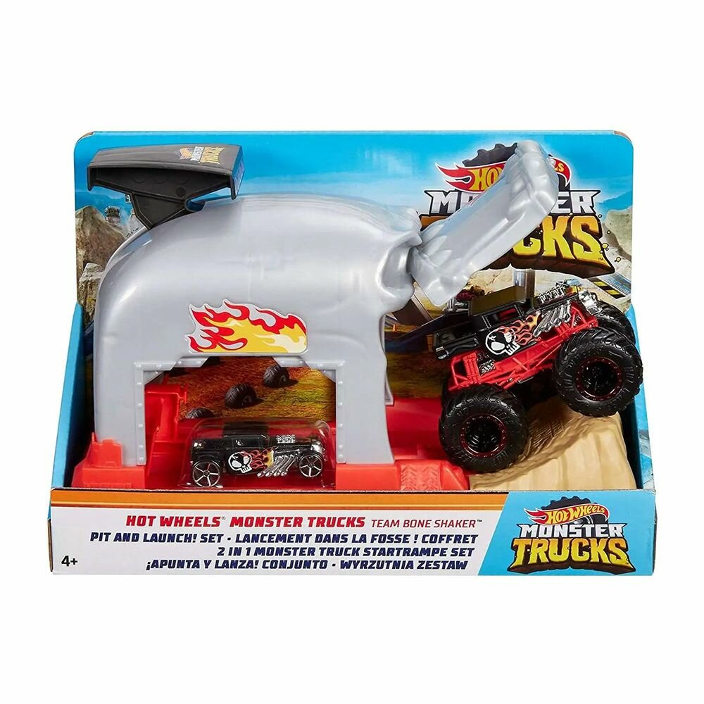 Mattel Monster Trucks Team Bone Shaker Котлован и стартовая площадка, с грузовиком-монстром, и автомобилем в масштабе 1:64, Горячие колеса