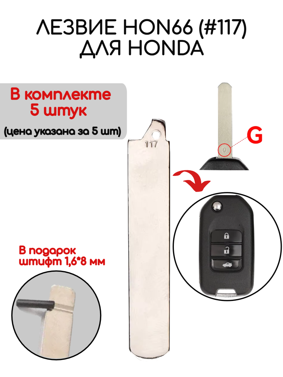 Набор лезвий из 5 штук HON66 (#117) для ключа зажигания Honda Accord / Odyssey