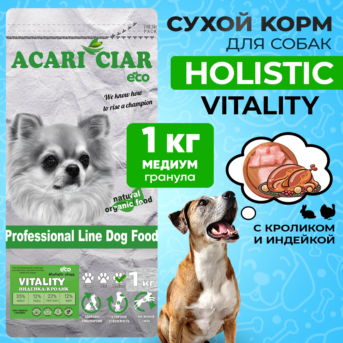 Сухой корм для собак ACARI CIAR VITALITY Turkey/Rabbit 1кг MEDIUM гранула