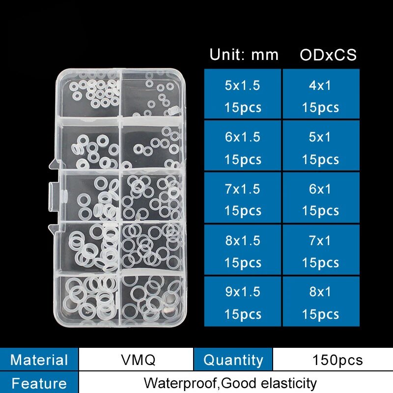 Комплект уплотнительных колец VMQ 150шт, 5-9x1.5 мм, ODxCS 4-8x1 мм