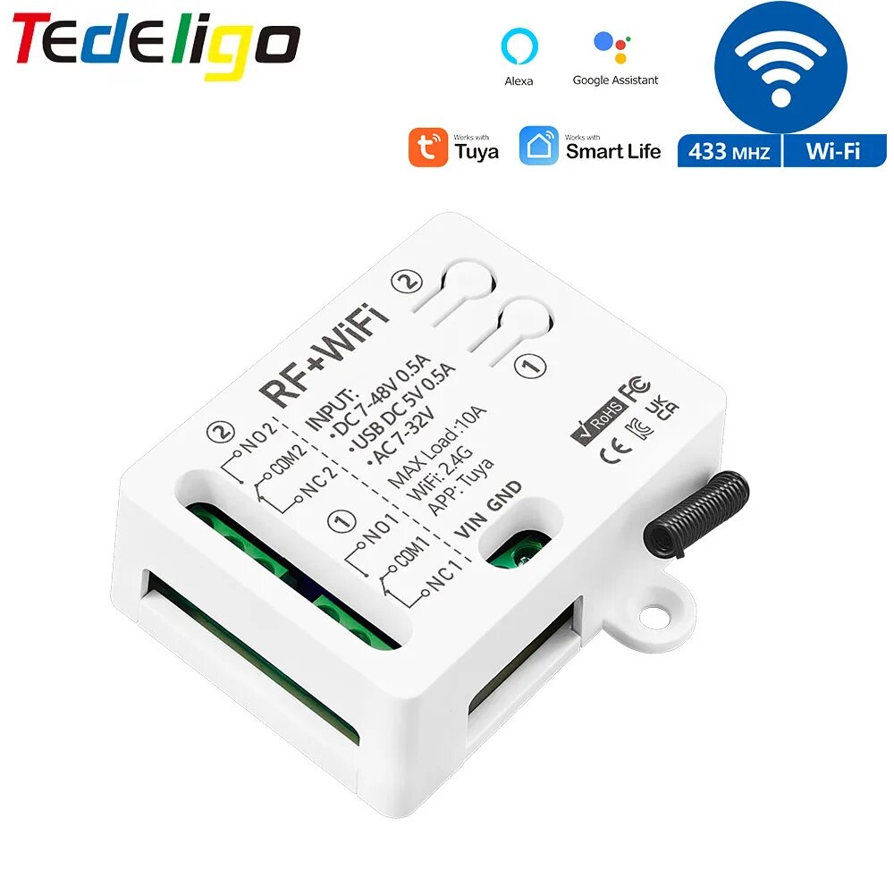 Tedeligo Wi-Fi + RF умный выключатель 2 Channel, белый