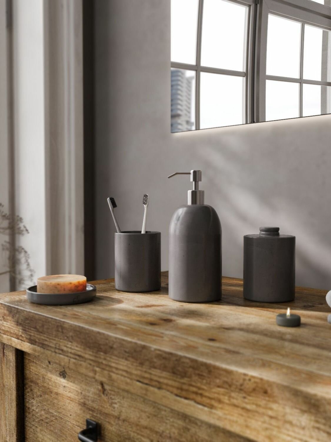 Набор аксессуаров для ванной комнаты "Bordeaux", темно-серый глянцевый: дозатор 500 мл, стакан, контейнер, мыльница