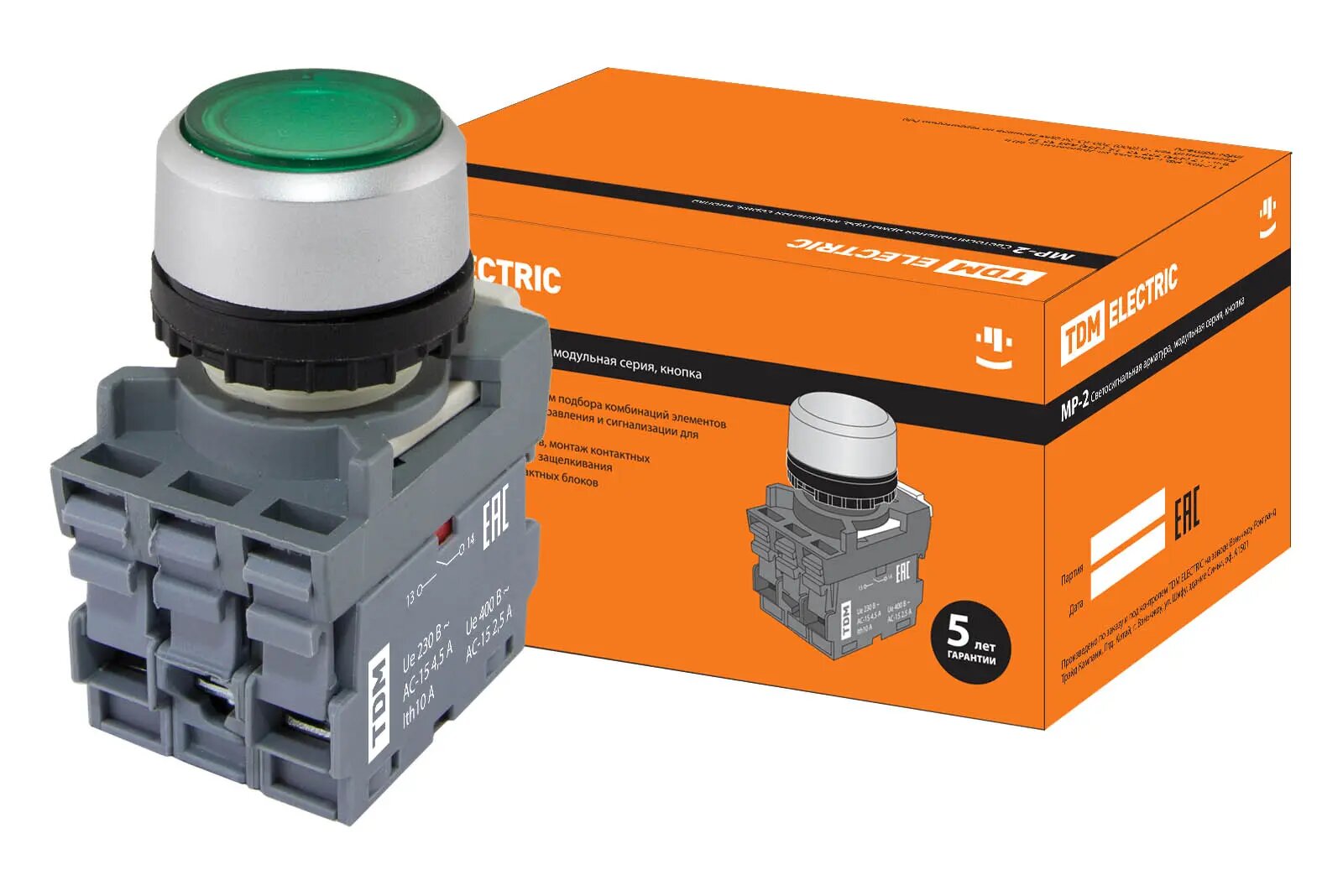 Кнопка с фиксацией MP2-21G(LED) в сборе d22мм/24В 1з+1р зеленая TDM {SQ0747-0026}