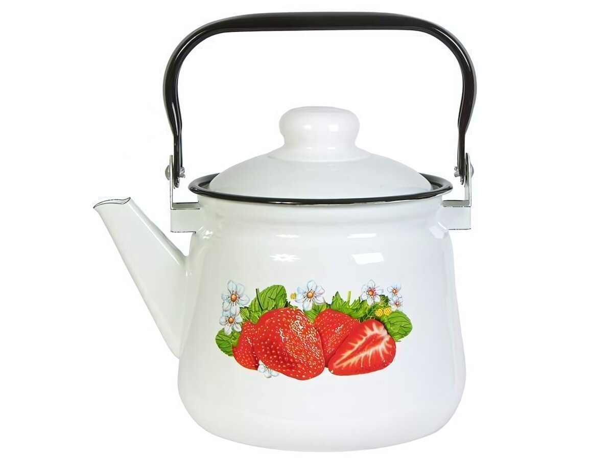 Чайник эмалированный 2,5л с рисунком клубники, сталь, без свистка