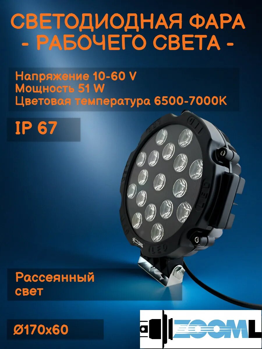 Фара светодиодная LED противотуманная ПТФ ФСО ДХО 7000К 1 шт