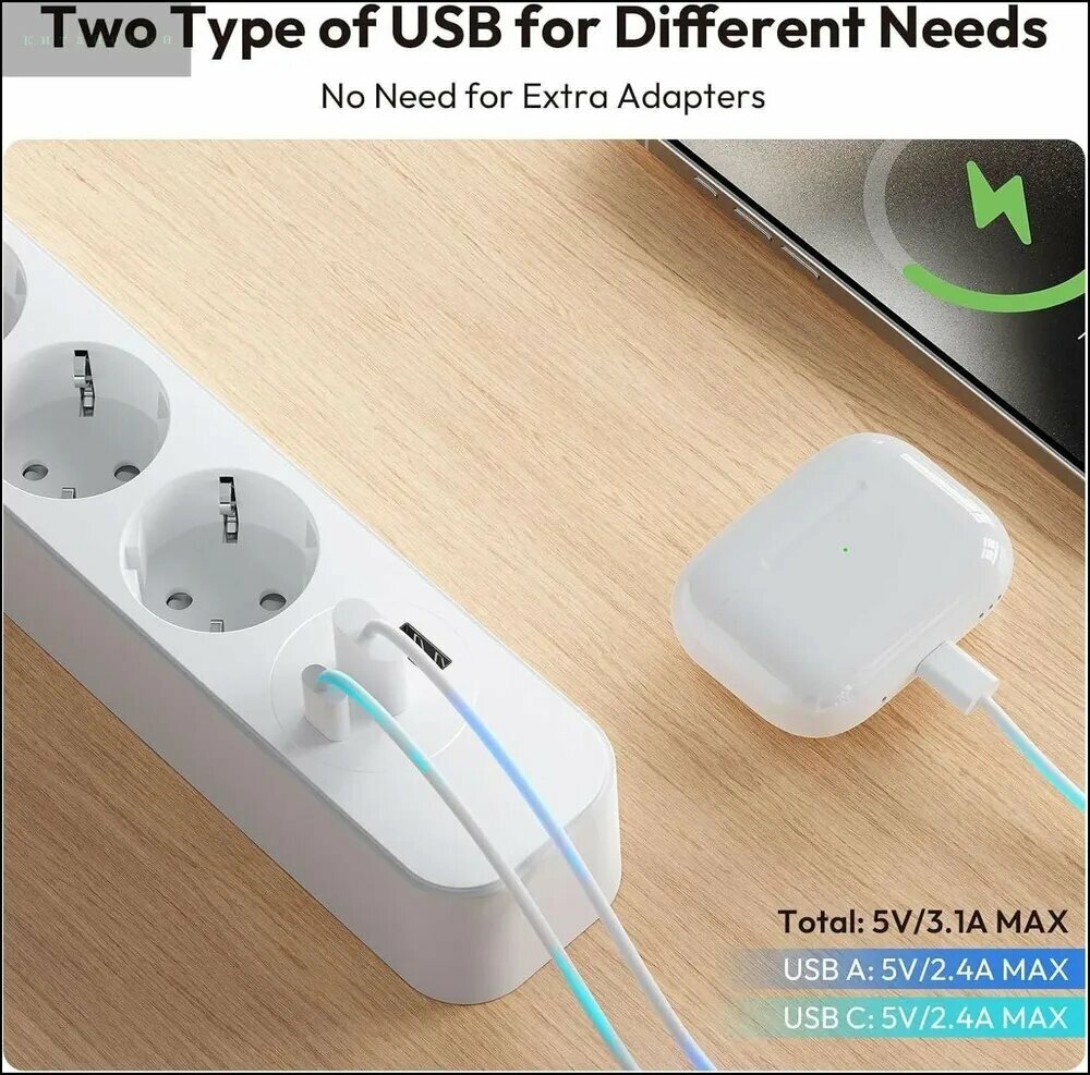 NTONPOWER Удлинитель домашней сети, 5 розеток с USB Type-C, настенный монтаж кронштейном, 1, м, белый