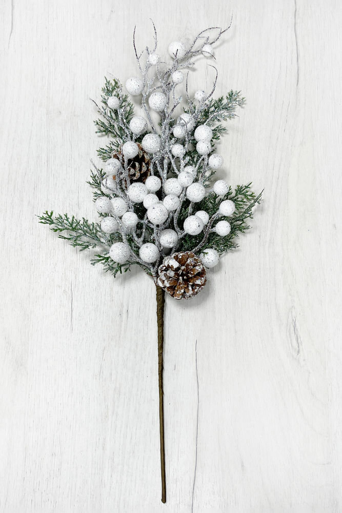 Декоративная ветка зимняя нега: серебро, хвоя литая 100%, натуральные шишки, искусственные ягоды, 50 см, Christmas Deluxe 89186