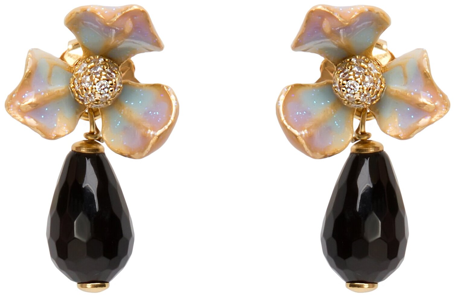 Серьги с подвесками, серебро, 925 проба, золочение, оникс, эмаль, фианит