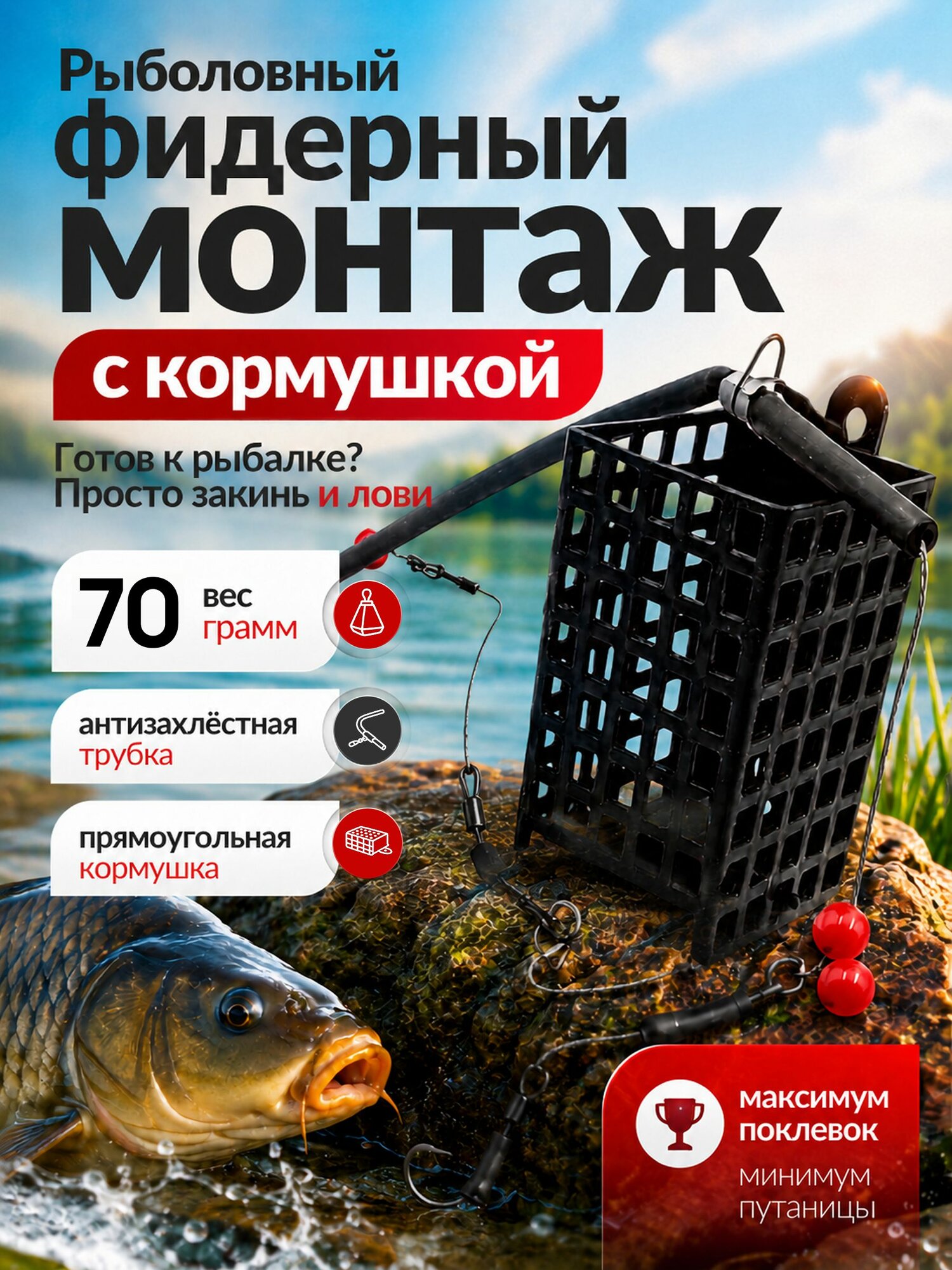 Оснастка фидерная, кормушка для рыбалки 70гр / плетеный шнур, 2 крючка, коромысло / для спиннинга, монтаж