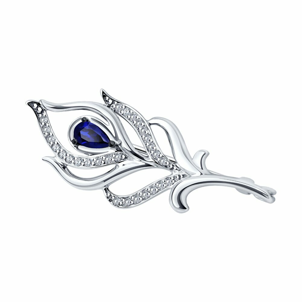 Брошь, белое золото, 585 проба, бриллиант, сапфир