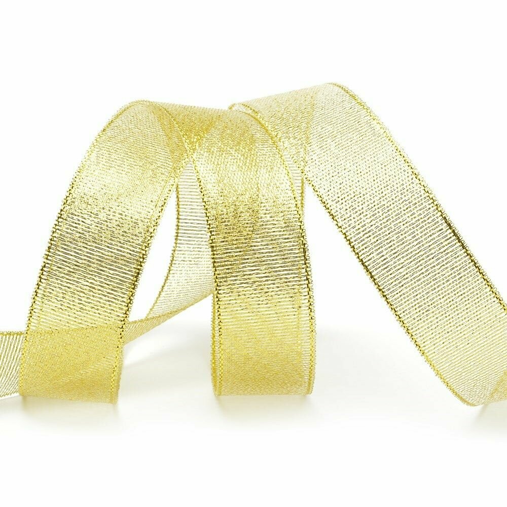 Лента подарочная с люрексом 25мм / лента упаковочная для подарков цв. золото (22 метра)