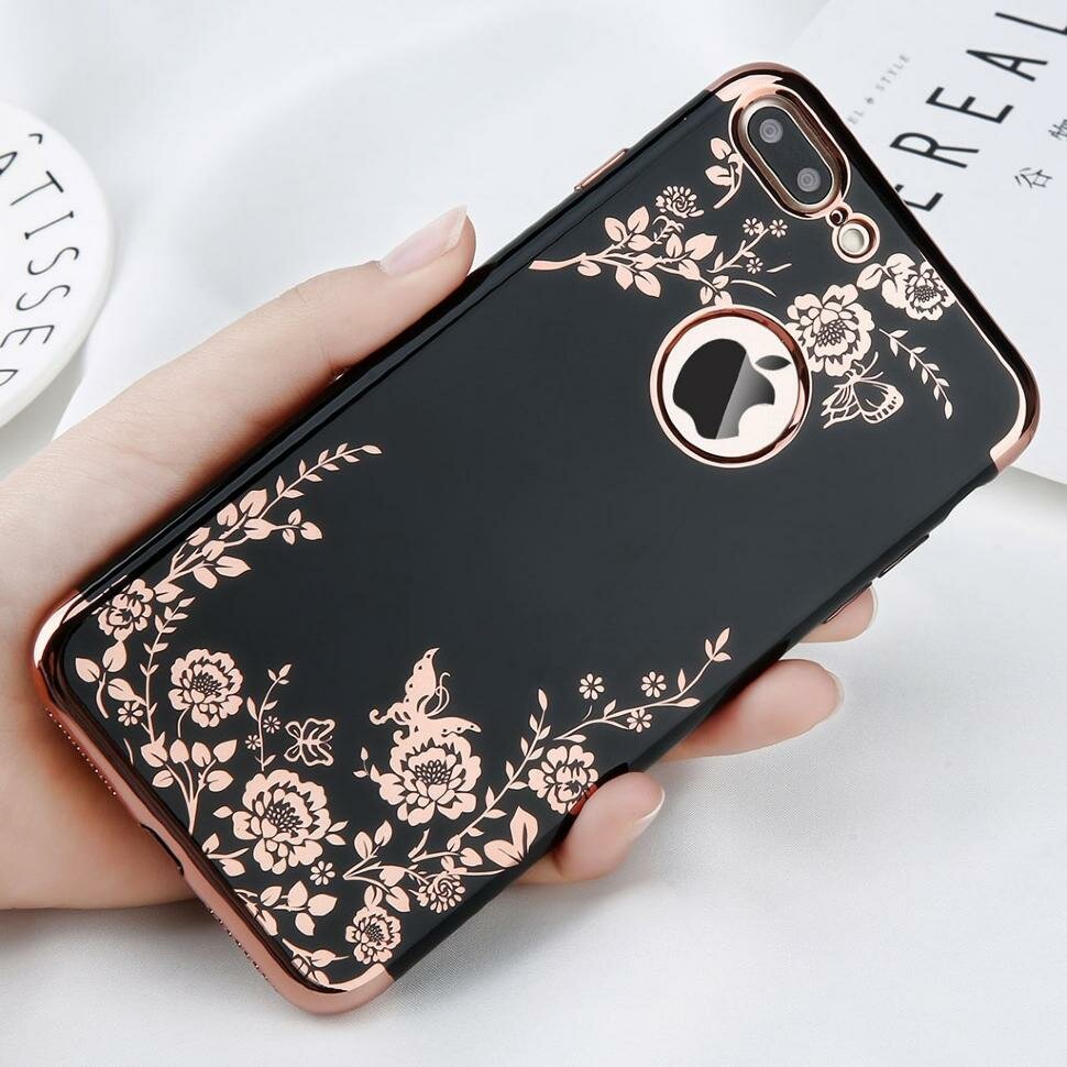 Чехол для айфон iPhone 6 6s с гальванической окантовкой "Цветы с бабочками" черный
