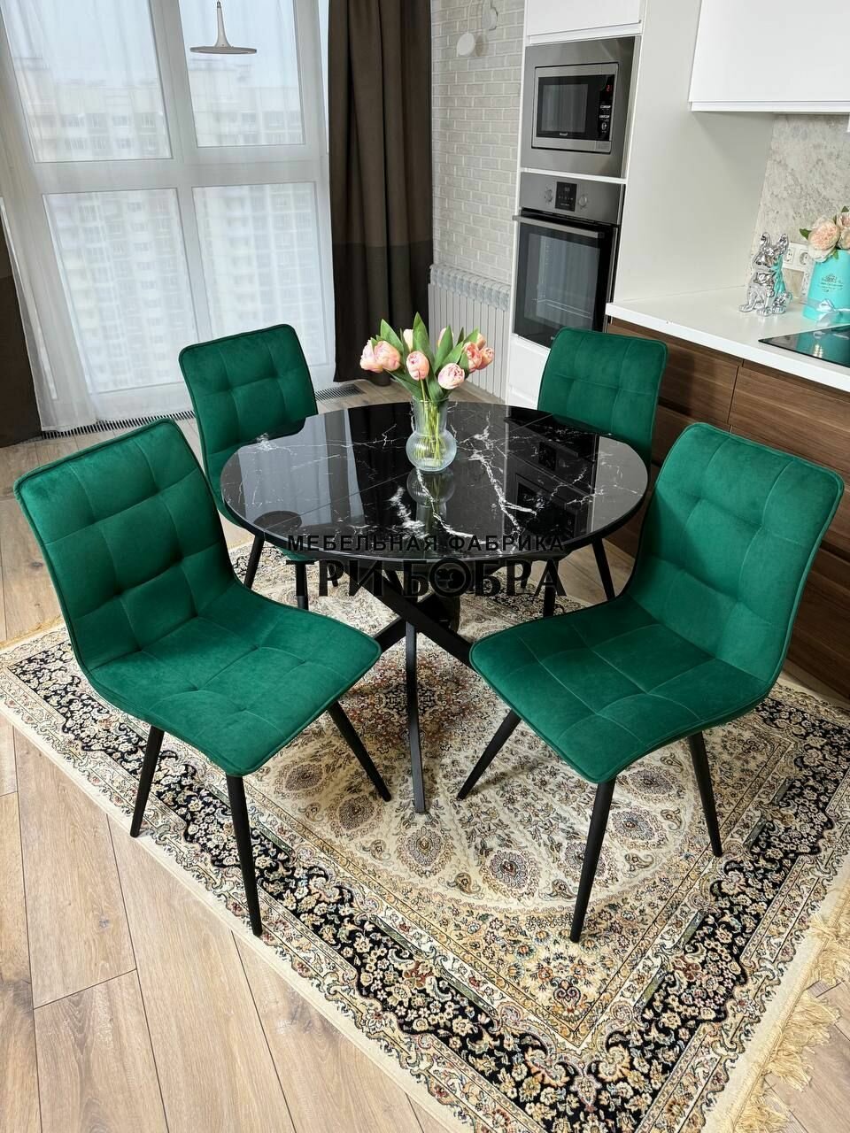 Стол кухонный круглый, раздвижной, стеклянный, Черный оникс, стулья для кухни комплект 4 шт