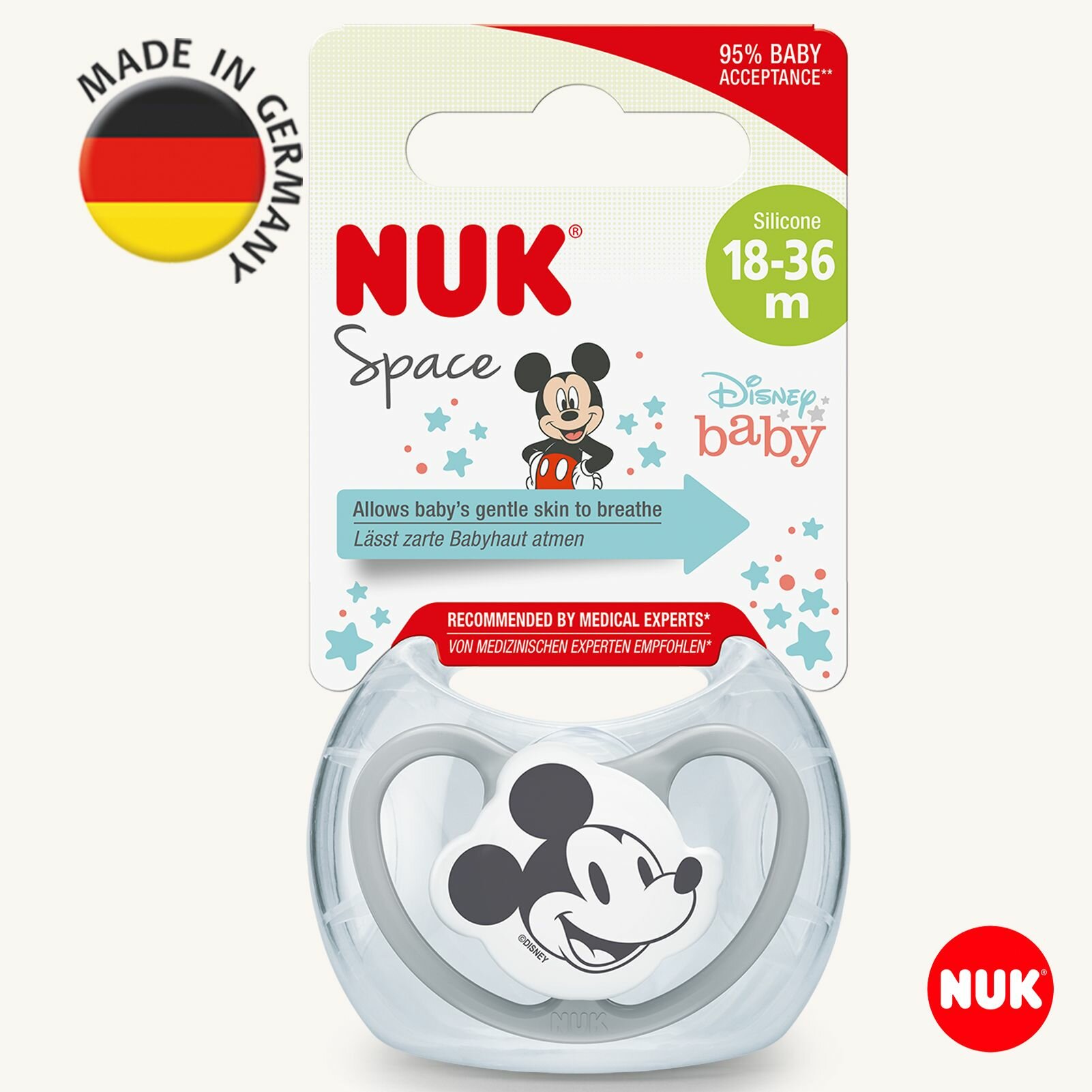 NUK SPACE MICKEY Соска пустышка ортодонтическая силиконовая для детей 18-36 месяцев, 1 шт.