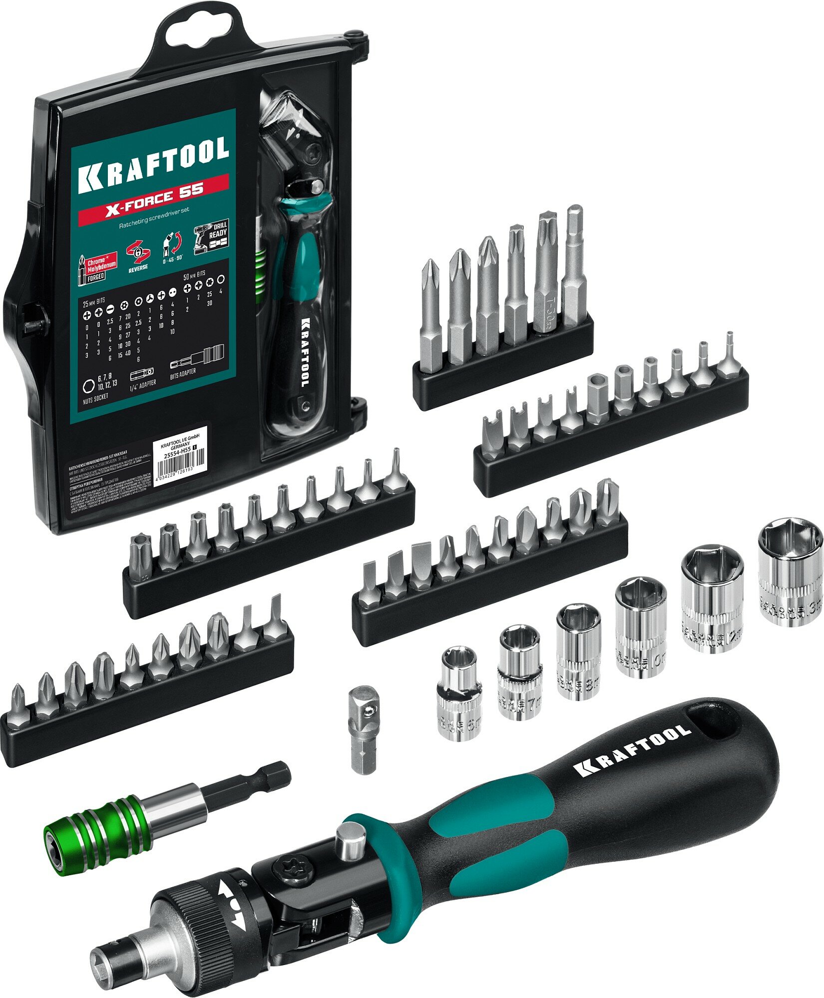 KRAFTOOL Expert-55, 55 предм, реверсивная отвертка с насадками (25554-H55)