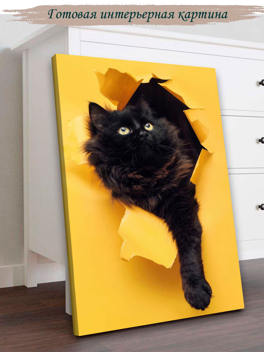 Картины для интерьера 50х70 Кот черный желтый фон