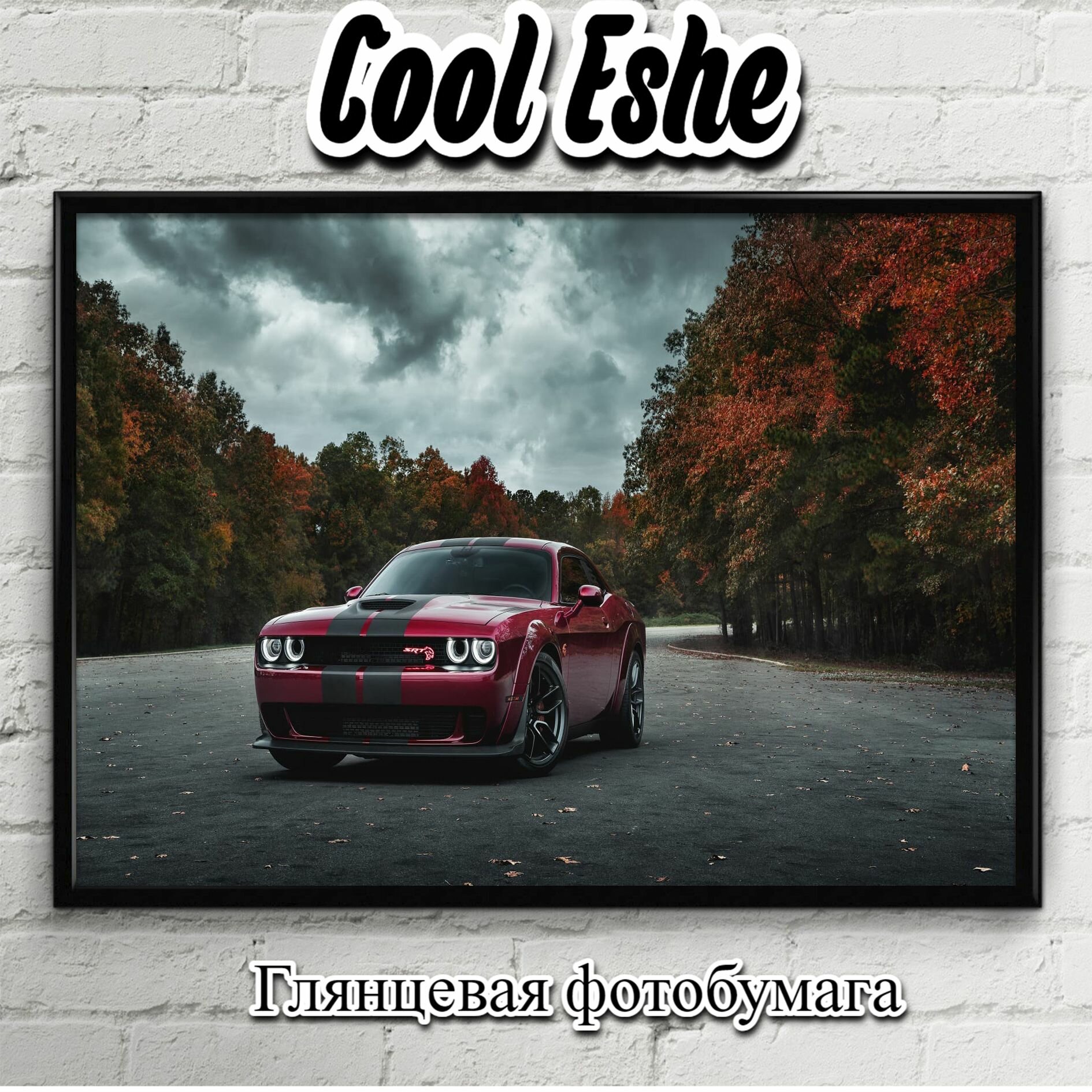 Постер "Dodge Challenger, красный, деревья, осень, пасмурно" из коллекции "Автомобили" А3