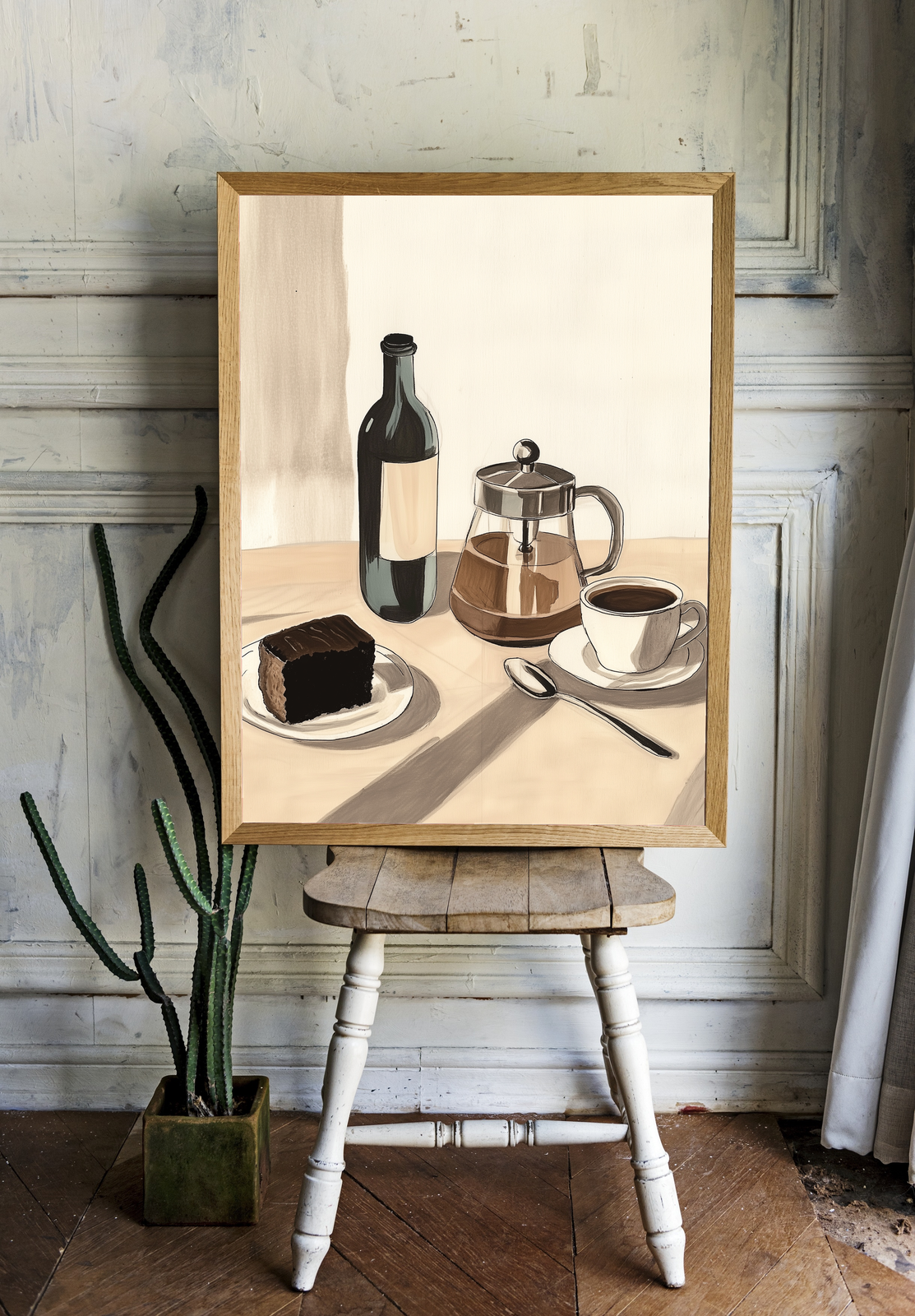 Постер "Вино, кофе и десерт на кухонном столе" 50x70 см в подарочном тубусе