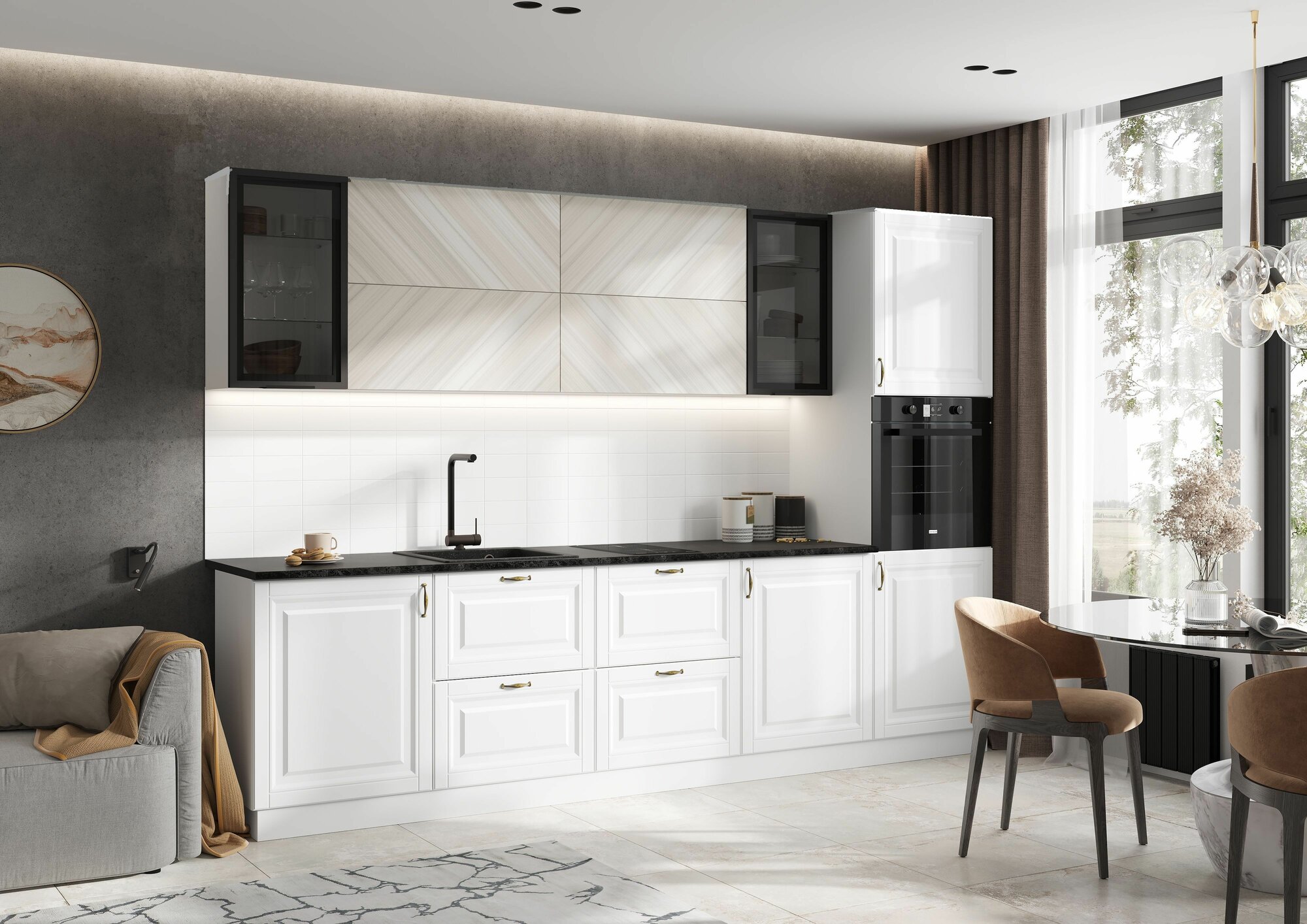 Кухня Престиж 3 м №1(без антресолей) Белый/Браш Вайт/Прайм жемчуг