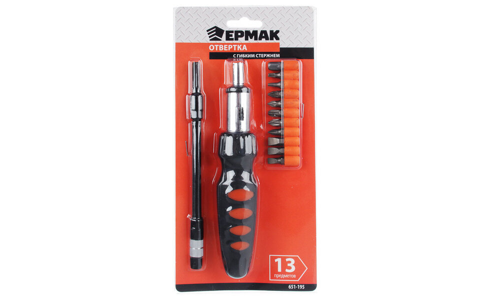 Отвертка с гибким стержнем "ермак", адаптер 1/4, 13 предметов