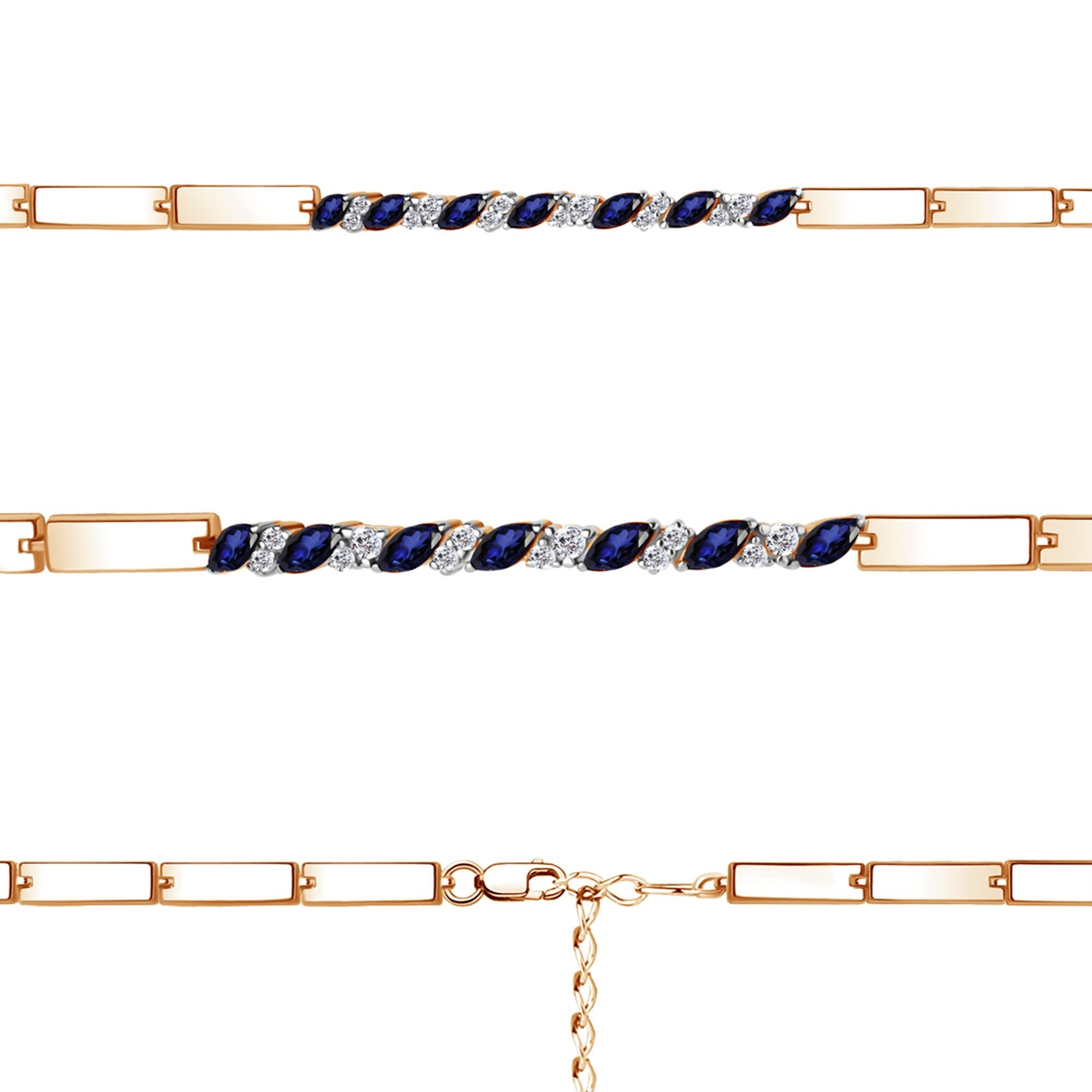Браслет, серебро, 925 проба, золочение, фианит, сапфир синтетический