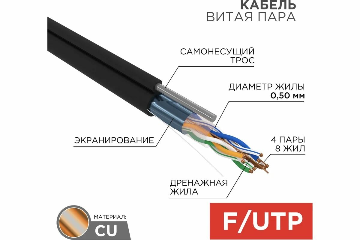 Кабель REXANT витая пара FTP 4PR 24AWG, CAT5e, наружный OUTDOOR + ТРОС1 бухта 305 м 01-0144