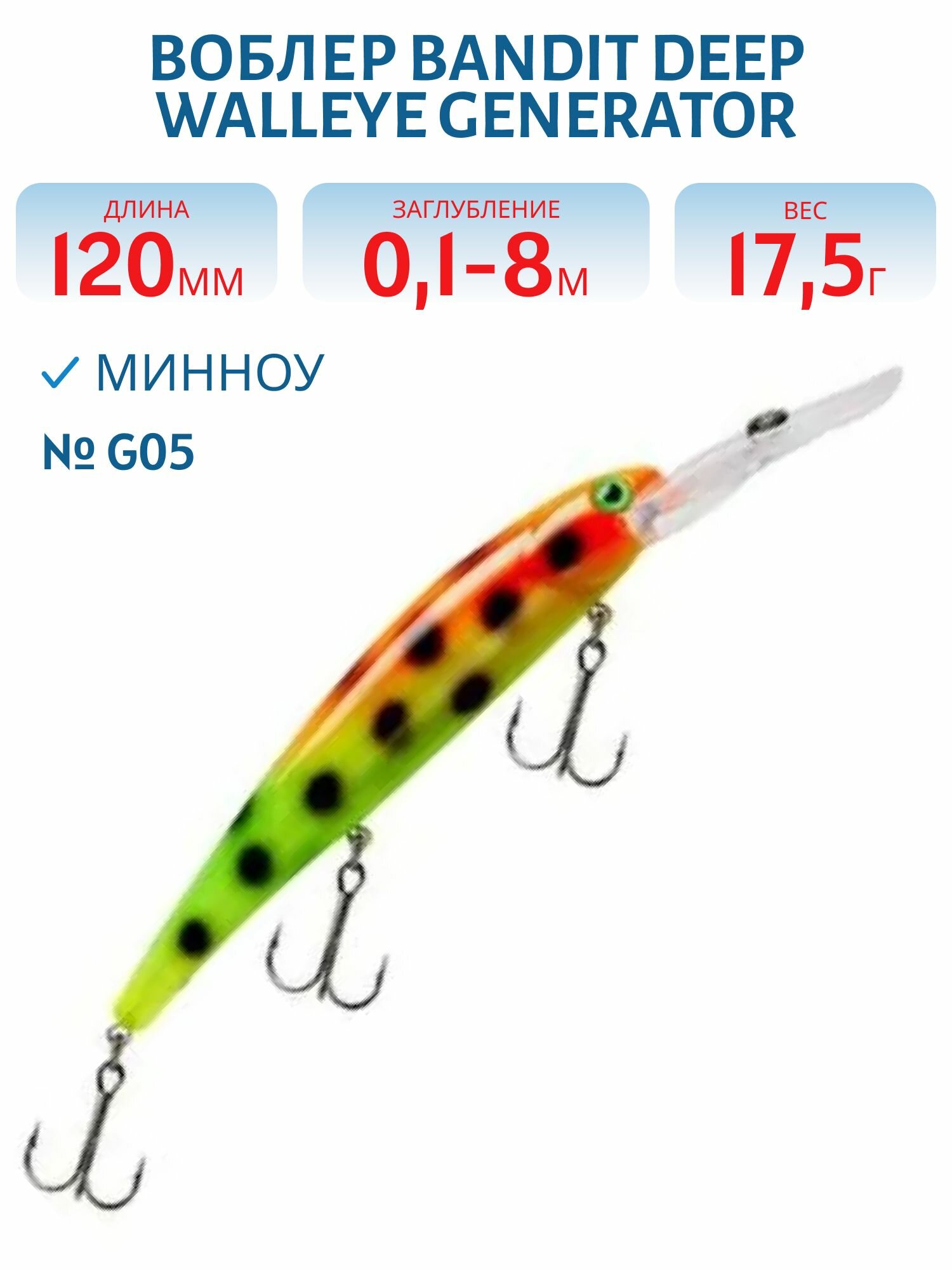 Воблер BANDIT DEEP WALLEYE GENERATOR, 120 мм, 17,5 гр, цвет G05