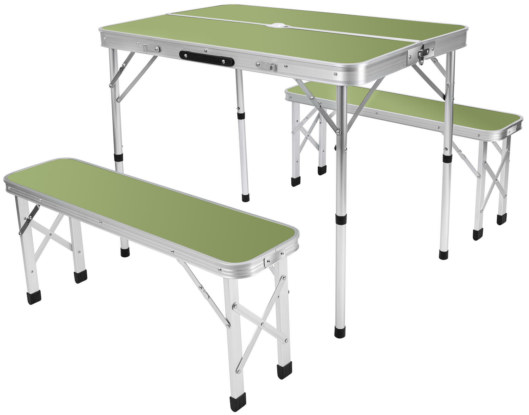 Decathlon Складной кемпинговый стол Enero Camp + 2 скамьи для 4 человек, 90x60x70 см, зеленый/серебряный
