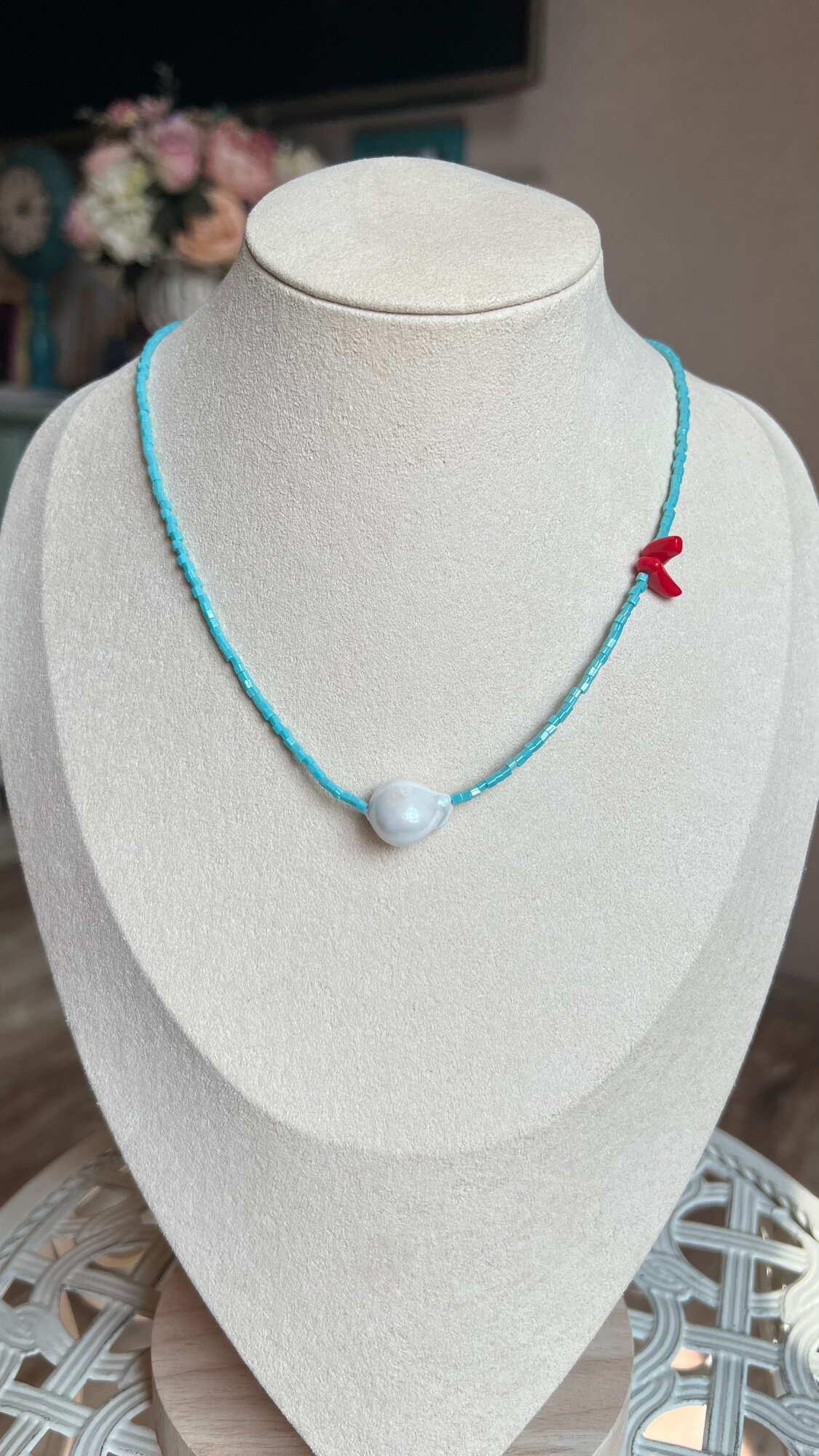 Колье, коралл, жемчуг барочный