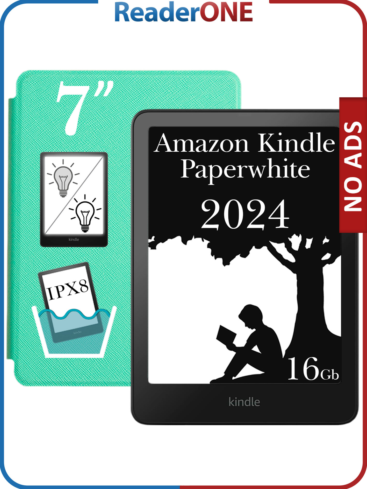 Электронная книга Amazon Kindle PaperWhite 12 2024 16Gb Black, без рекламы с обложкой ReaderONE PW 2024 Light Green